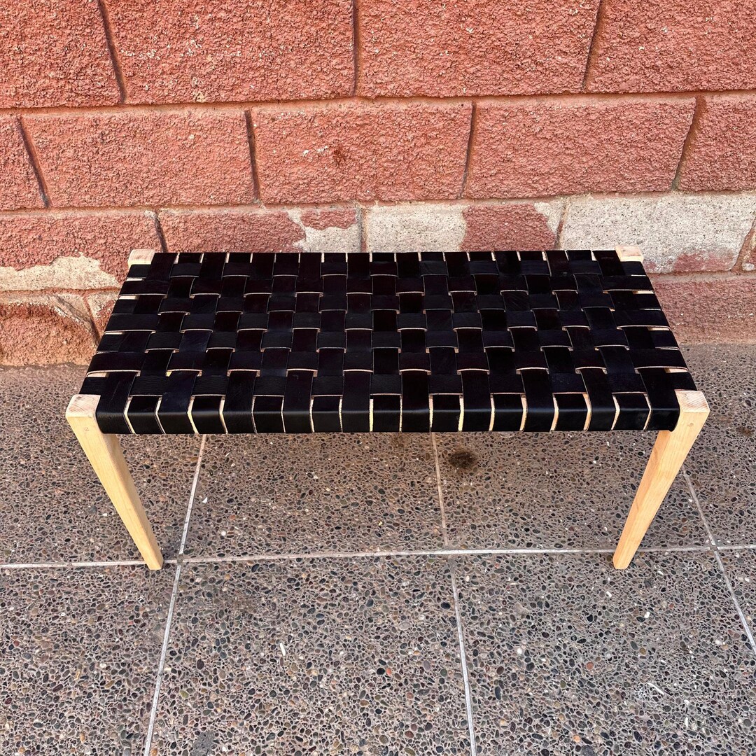 Handcrafted Leather Strap Bench: Rustic Wood Frame, Natural Teak Finish ...