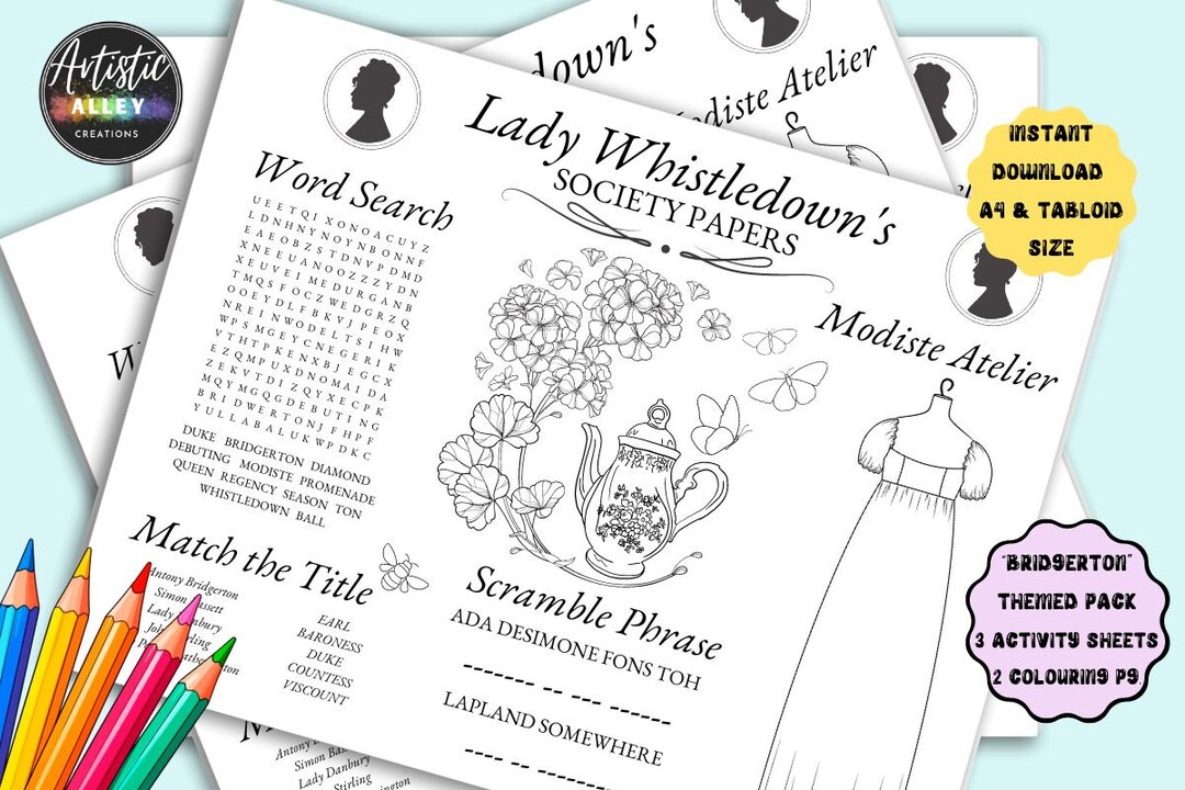 Bridgerton Premium Pack Activity Sheet Colouring Page A4 & Tabloid ...