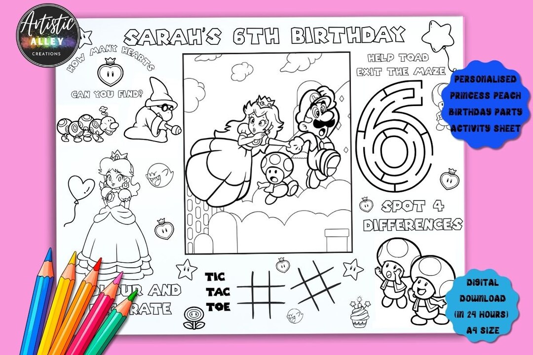 Personalised Princess Peach Birthday Party Activity Sheet for Party ...