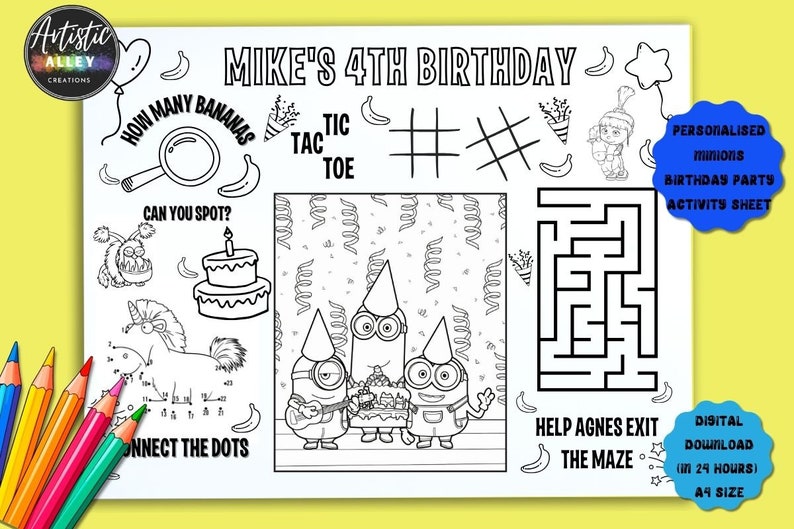 Personalised the Minions Birthday Party Activity Sheet for Party Colour ...