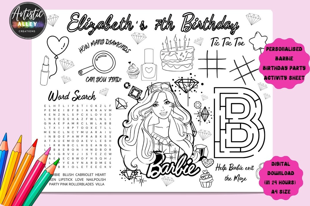 Personalised Barbie Birthday Party Activity Sheet for Party Colour, and ...
