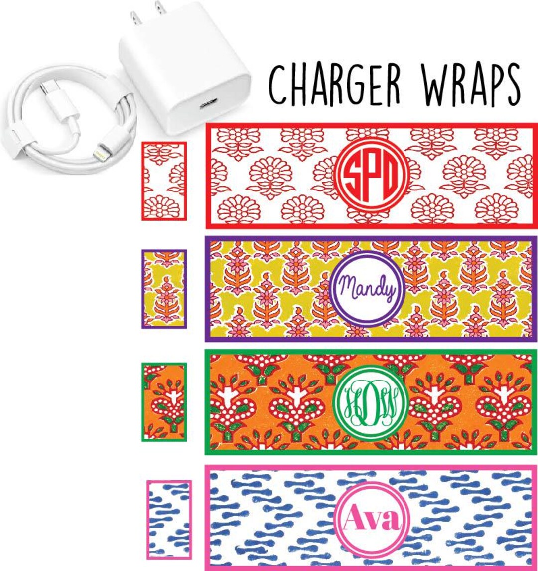Personalized iPhone Charger Label, Monogram Charger Wrap, Vinyl Charger ...