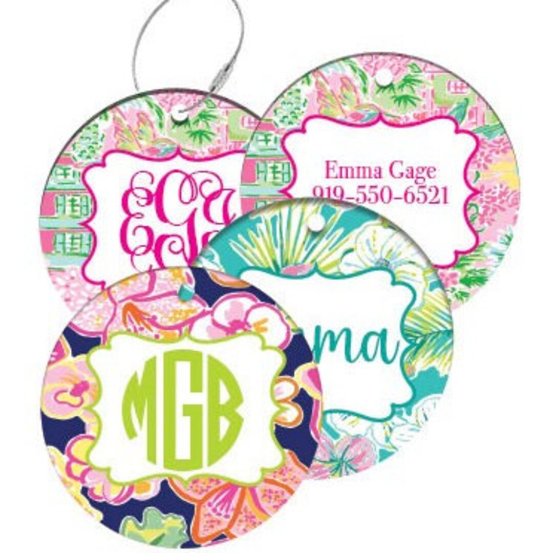 Round Bag Tags, Monogrammed Luggage Tag, Floral Luggage Tag, Traveler ...