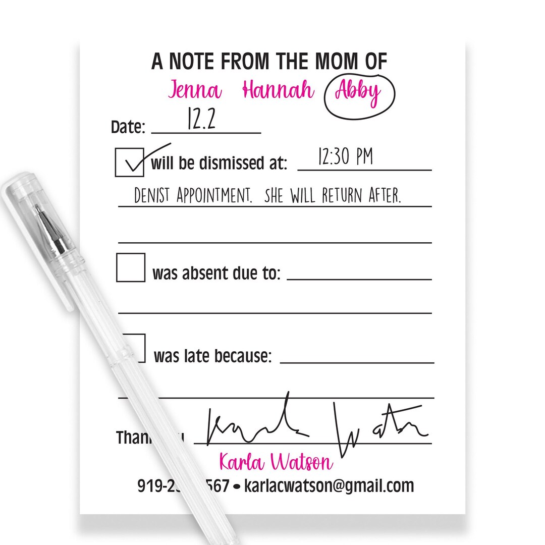 School Excuse Notepad, A Note From Mom, Personalized Note for School ...