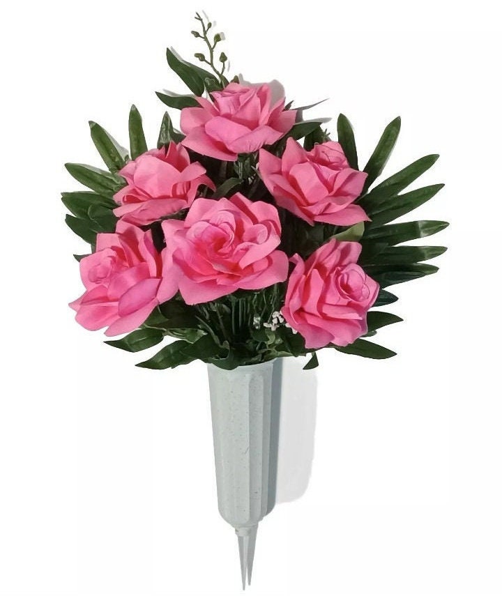 Potted Pink Open Rose Memorial Cemetery Grave Funeral 21 Silk Flower ...