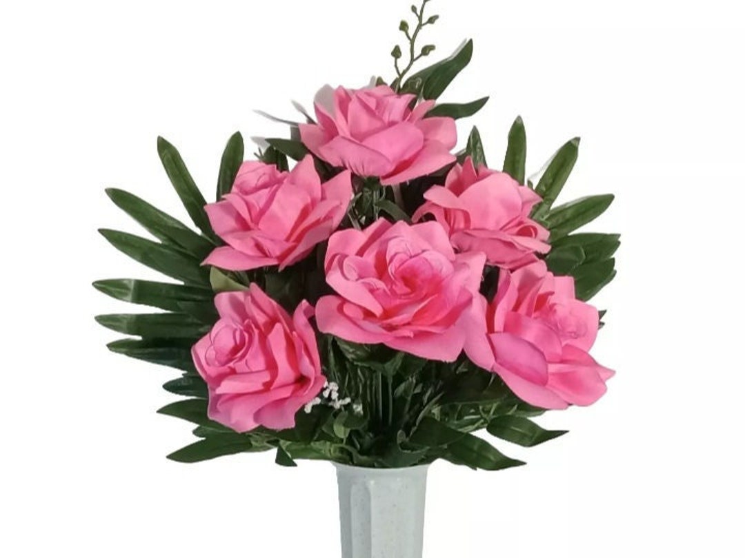 Potted Pink Open Rose Memorial Cemetery Grave Funeral 21 Silk Flower ...