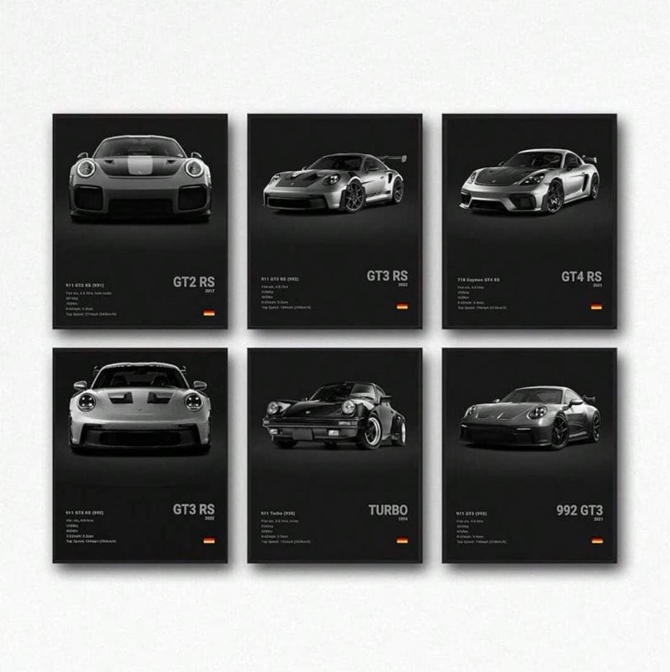 Aesthetic 911 GT3RS Car Posters Set of 6, Frameless Supercar Wall Art ...
