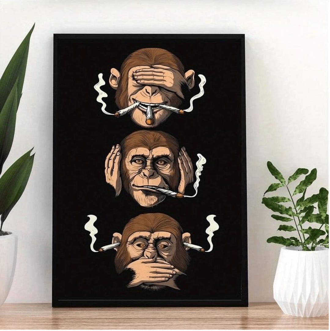 1PC Canvas Poster of Three Wise Monkeys Smoking, Modern Art Wall Decor ...