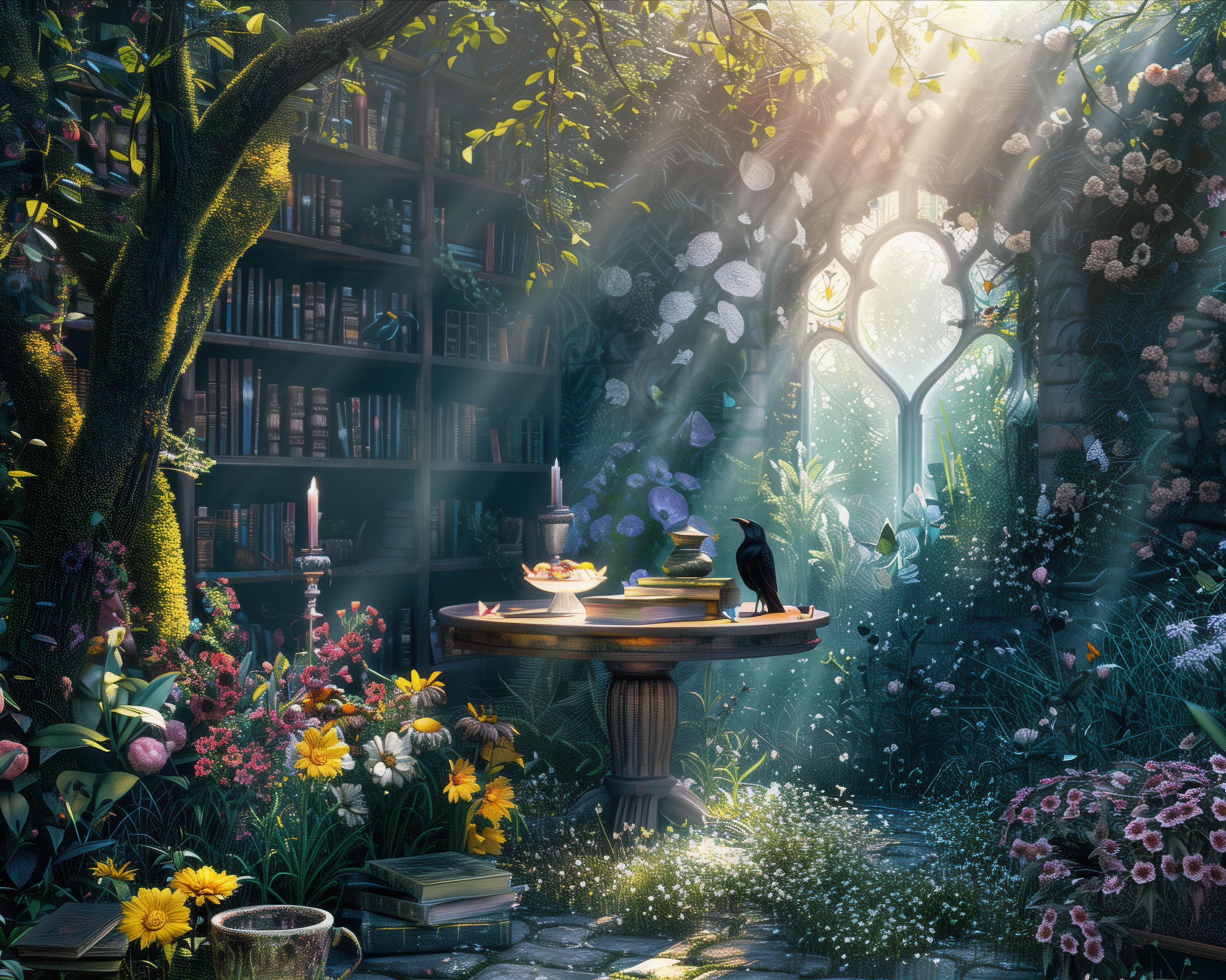 Enchanted Garden Library Art Print, Mystical Sunlit Room, Digital ...