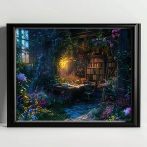 Enchanted Garden Library Wall Art, Magical Floral Reading Room Print ...