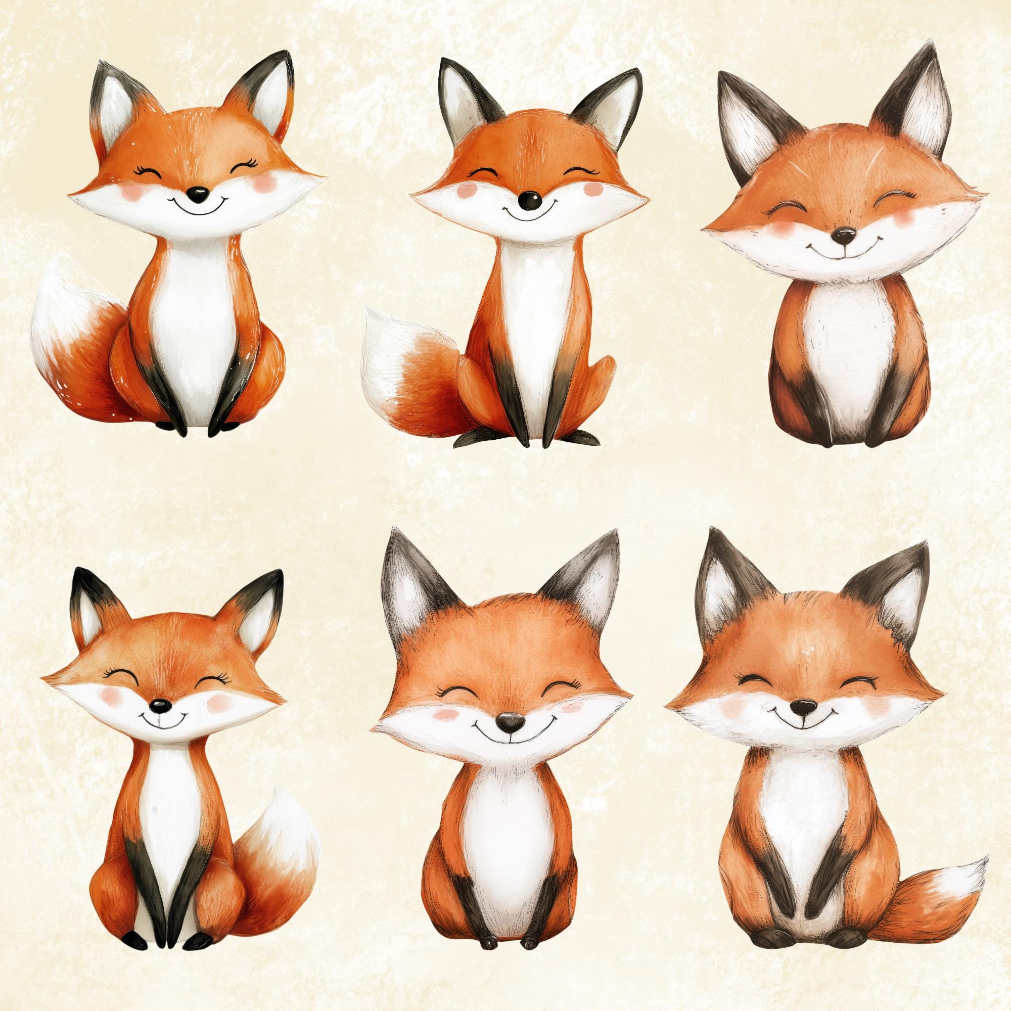 Watercolor Woodland Foxes Clipart, Cute Fox Stickers, Happy Fox ...