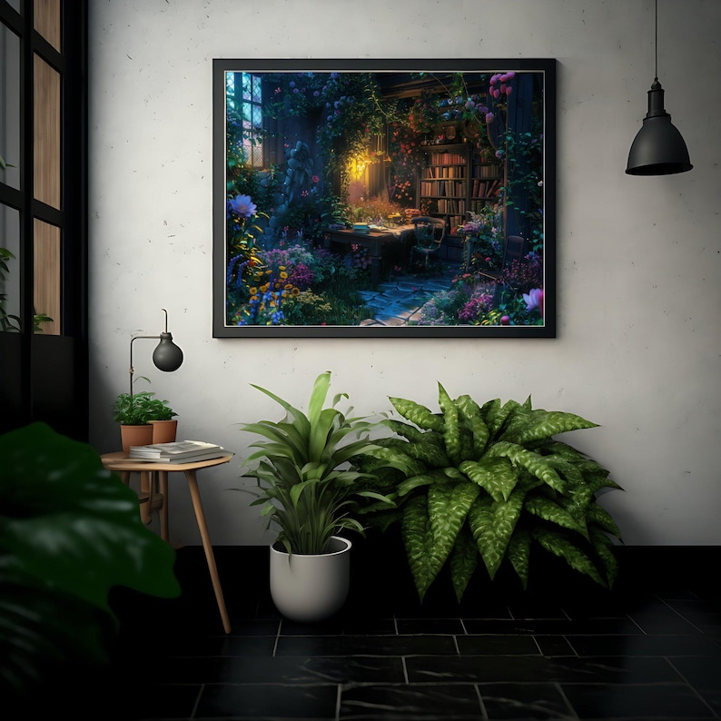 Enchanted Garden Library Wall Art, Magical Floral Reading Room Print ...