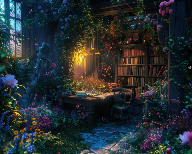 Enchanted Garden Library Wall Art, Magical Floral Reading Room Print ...