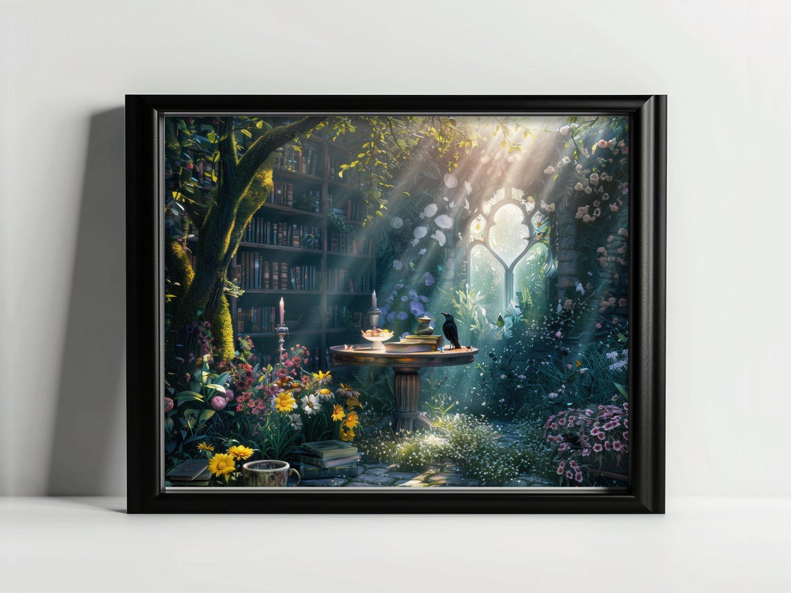 Enchanted Garden Library Art Print, Mystical Sunlit Room, Digital ...