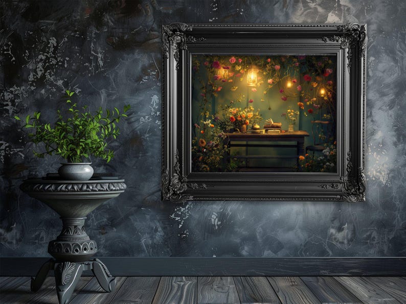 Romantic Floral Garden Wall Art, Cozy Lantern Lights Print, Enchanted ...