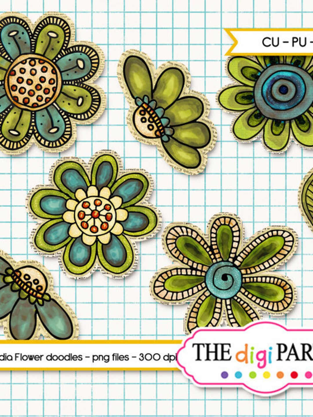 Watercolor Flower Doodles Clipart, Mixed Media Clip Art, Watercolor ...