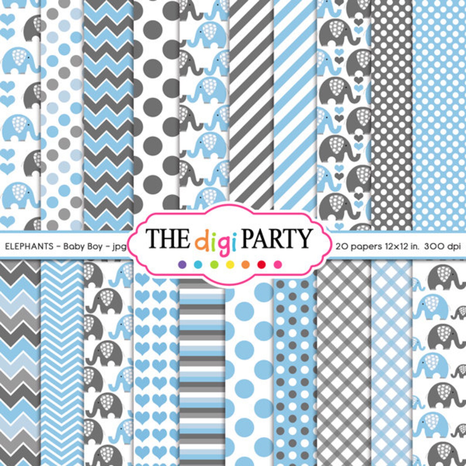 Elephant Baby boy blue and Gray Digital Paper pattern for | Etsy