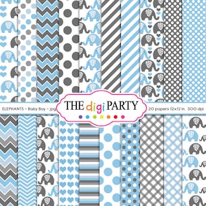 Elephant Baby Boy Blue and Gray Digital Paper Pattern for Scrapbook ...