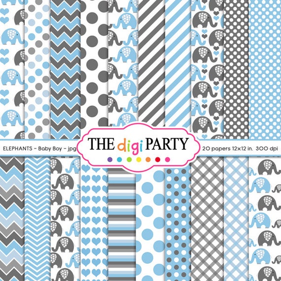 Elephant Baby boy blue and Gray Digital Paper pattern for scrapbook ...