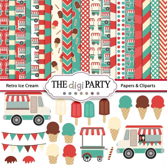Retro Ice cream digital paper and clipart, truck printables, background ...