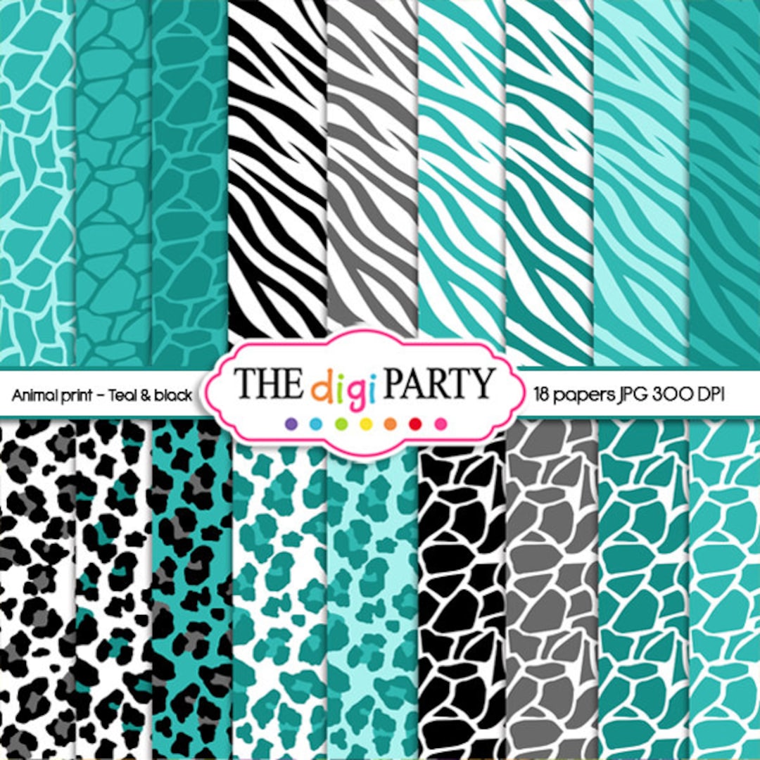 Teal Animal Prints Digital Paper Black and Gray Zebra Scrapbook Giraffe ...