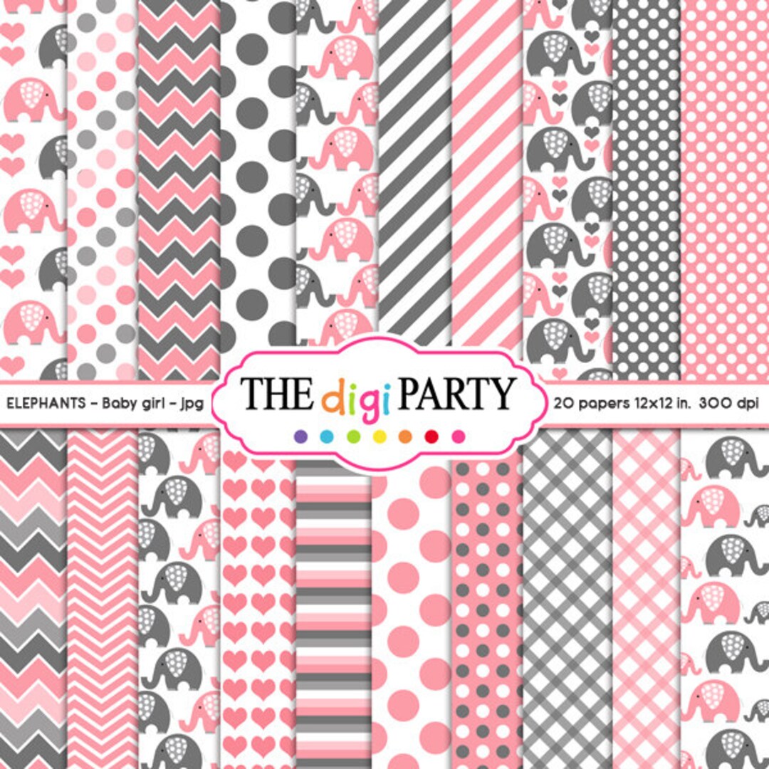 Baby Girl Elephant Digital Papers, Pink and Gray Background, Baby ...