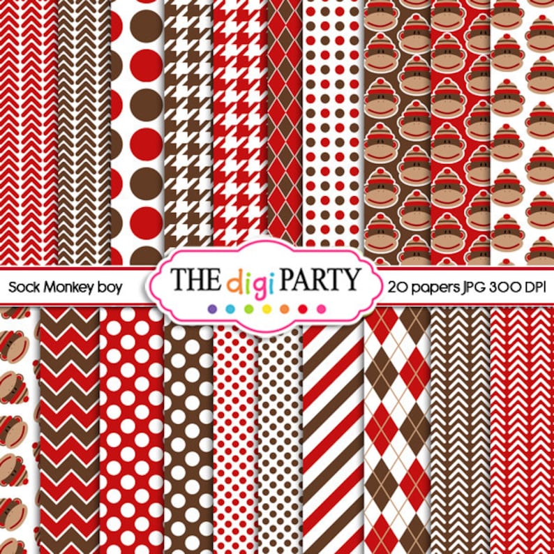 Sock Monkey Digital Paper Background Pattern Brown and Red - Etsy
