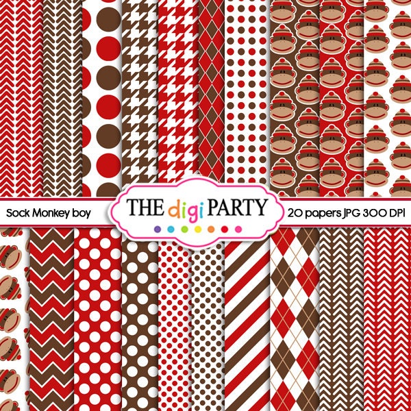 Sock Monkey Digital Paper Background Pattern, Brown and Red Scrapbook ...