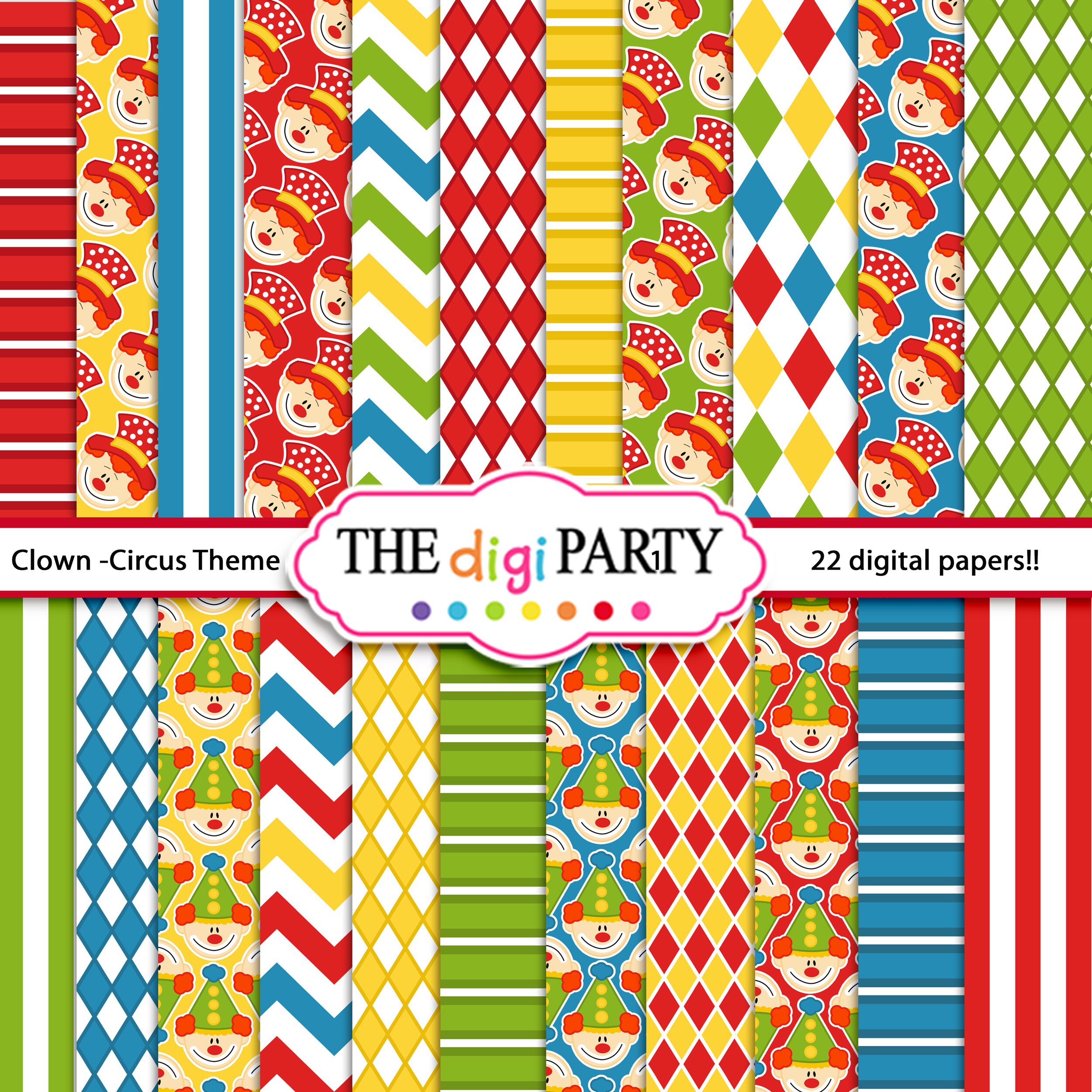 Clown Digital Papers and Cliparts Pack, Circus or Carnival Theme for ...