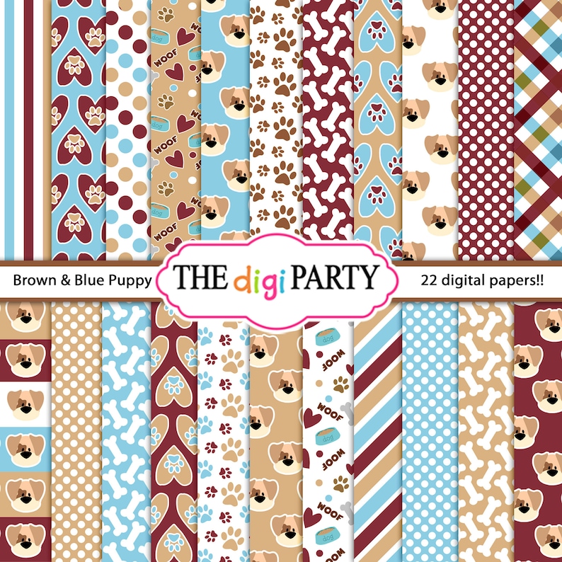 Dog Digital Paper, Puppy Dog Papers, Pet Dogs Background, Bone and Paw ...