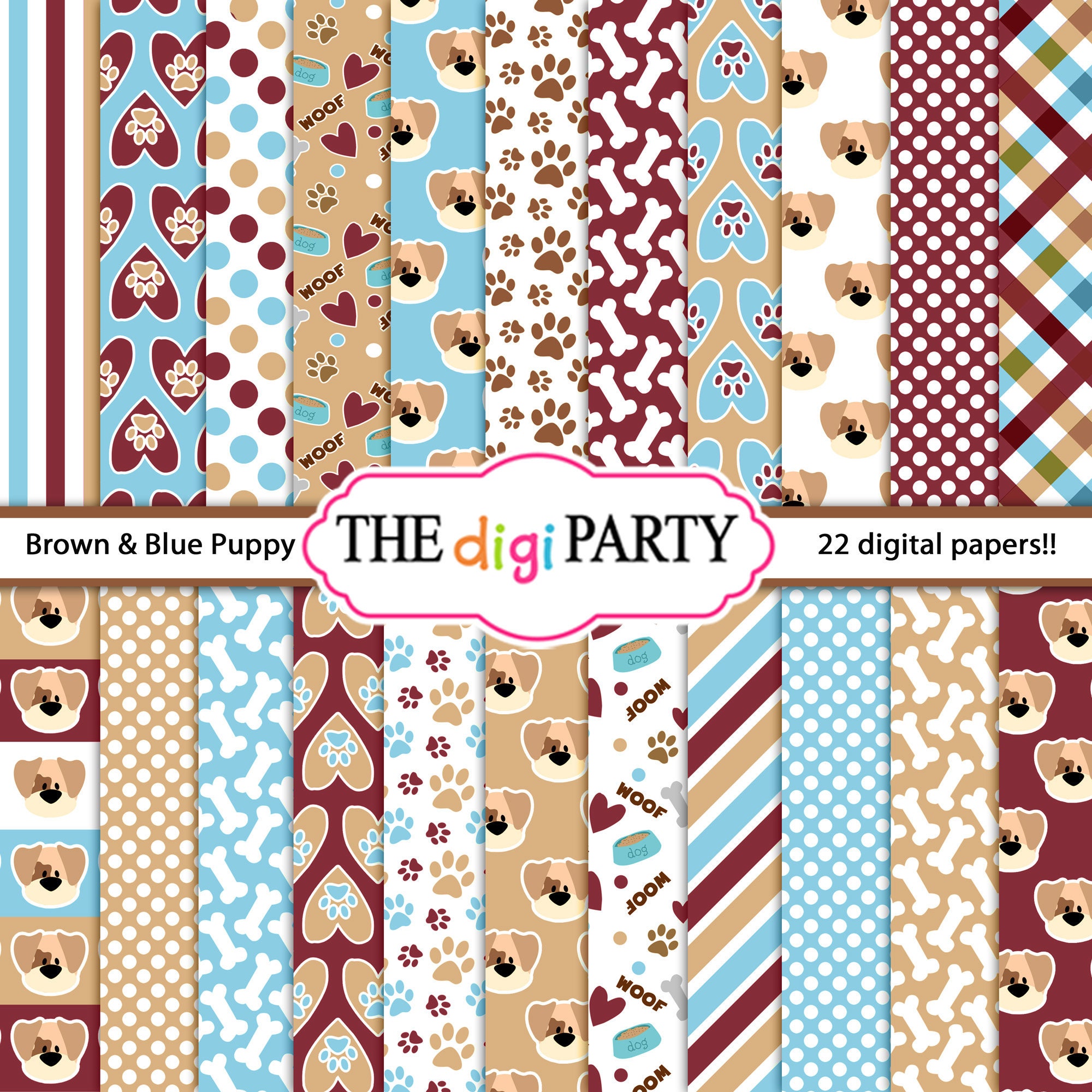 Dog Digital Paper, Puppy Dog Papers, Pet Dogs Background, Bone and Paw ...