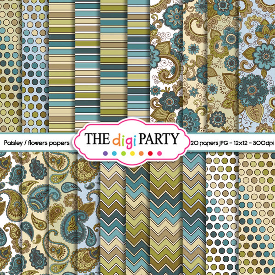 Tan and Olive Paisley Digital Paper Pack, Pattern Scrapbook Background ...