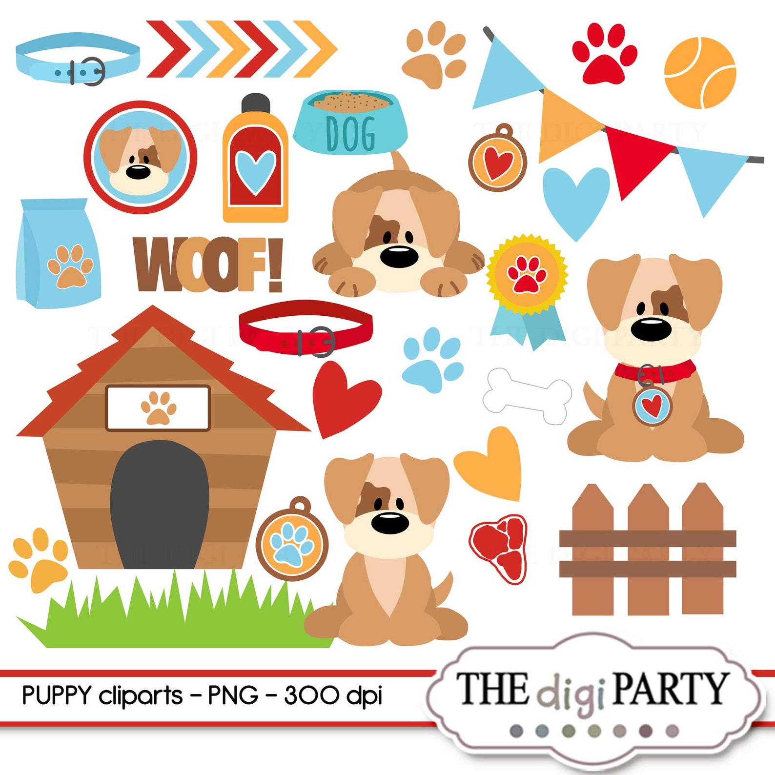 Puppy Dog Digital Papers and Cliparts Full Pack, Pet, Bone and Paw ...