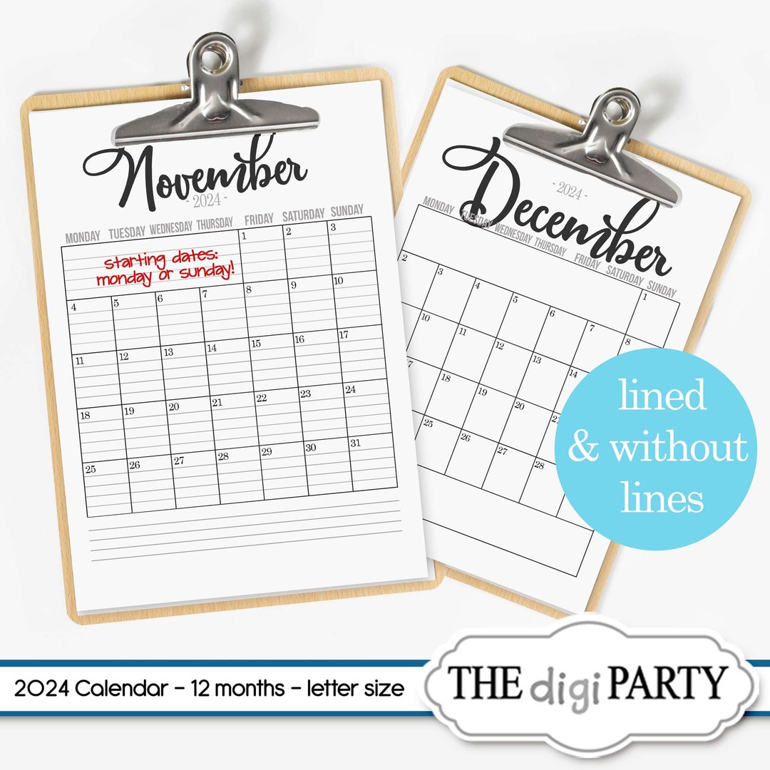 2024 Calendar, Lined & Unlined Monthly, Vertical Format, Letter Size 8 ...