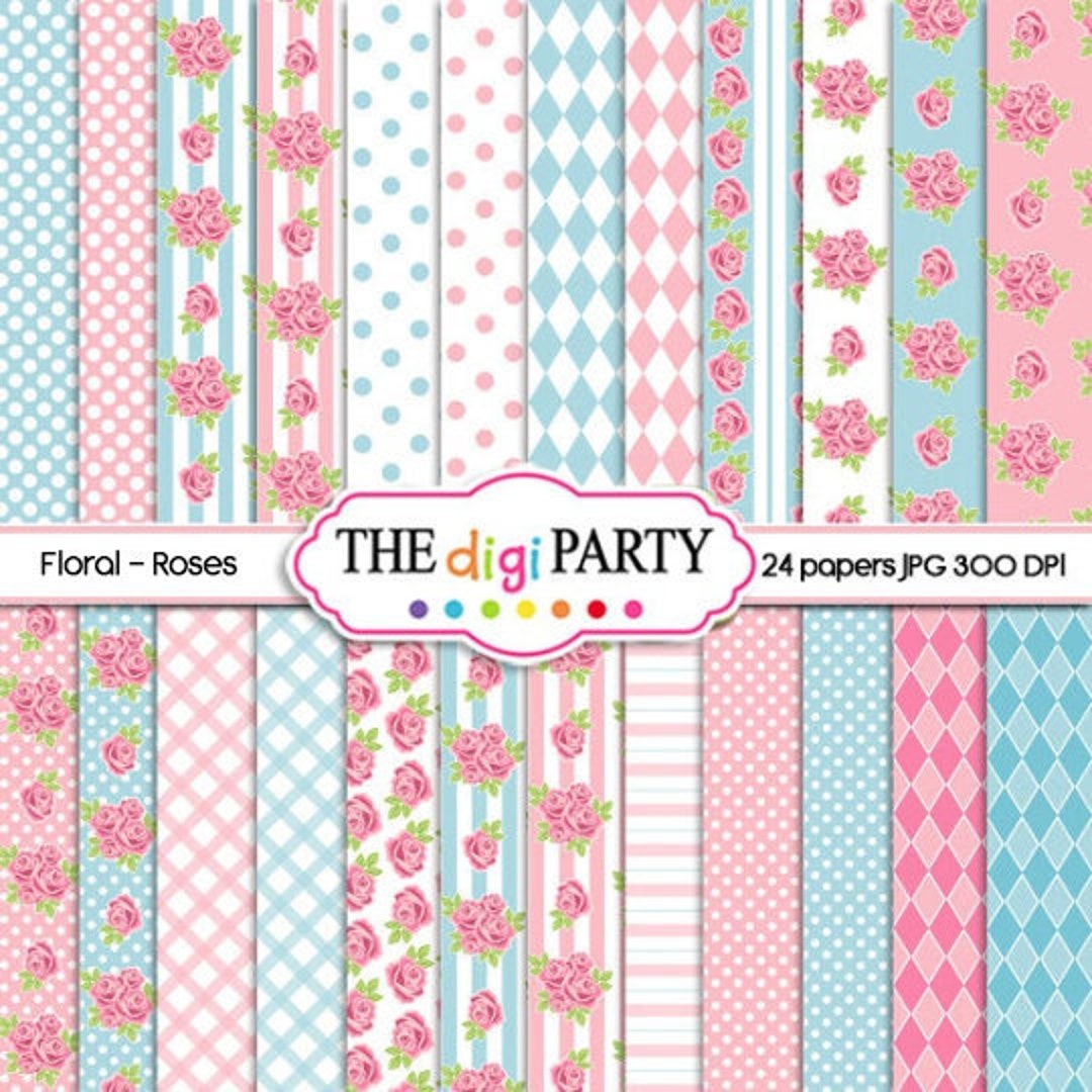 Floral Pink Roses Digital Paper Background Pattern, Pink and Blue ...