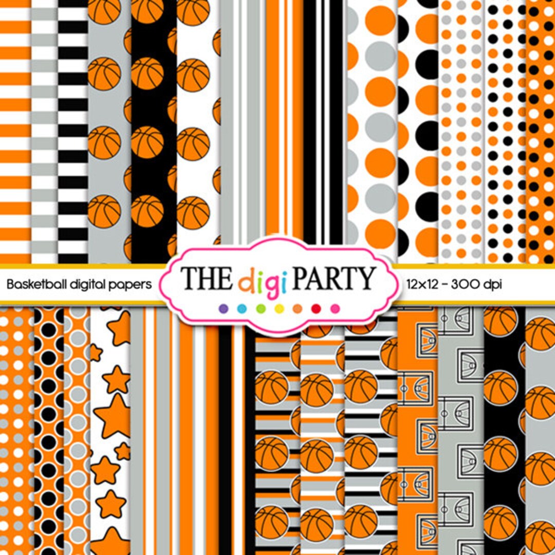 Basketball Digital Paper, Orange Black and White Sports Printable ...
