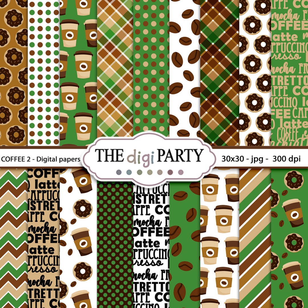 Brown and Green Coffee Digital Paper Set, Coffee Beans Patterns, Brown ...