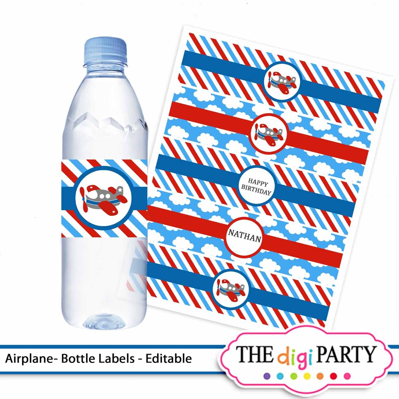 Airplane Water Bottle Label, Blue and Red Wrapper, Transportation ...