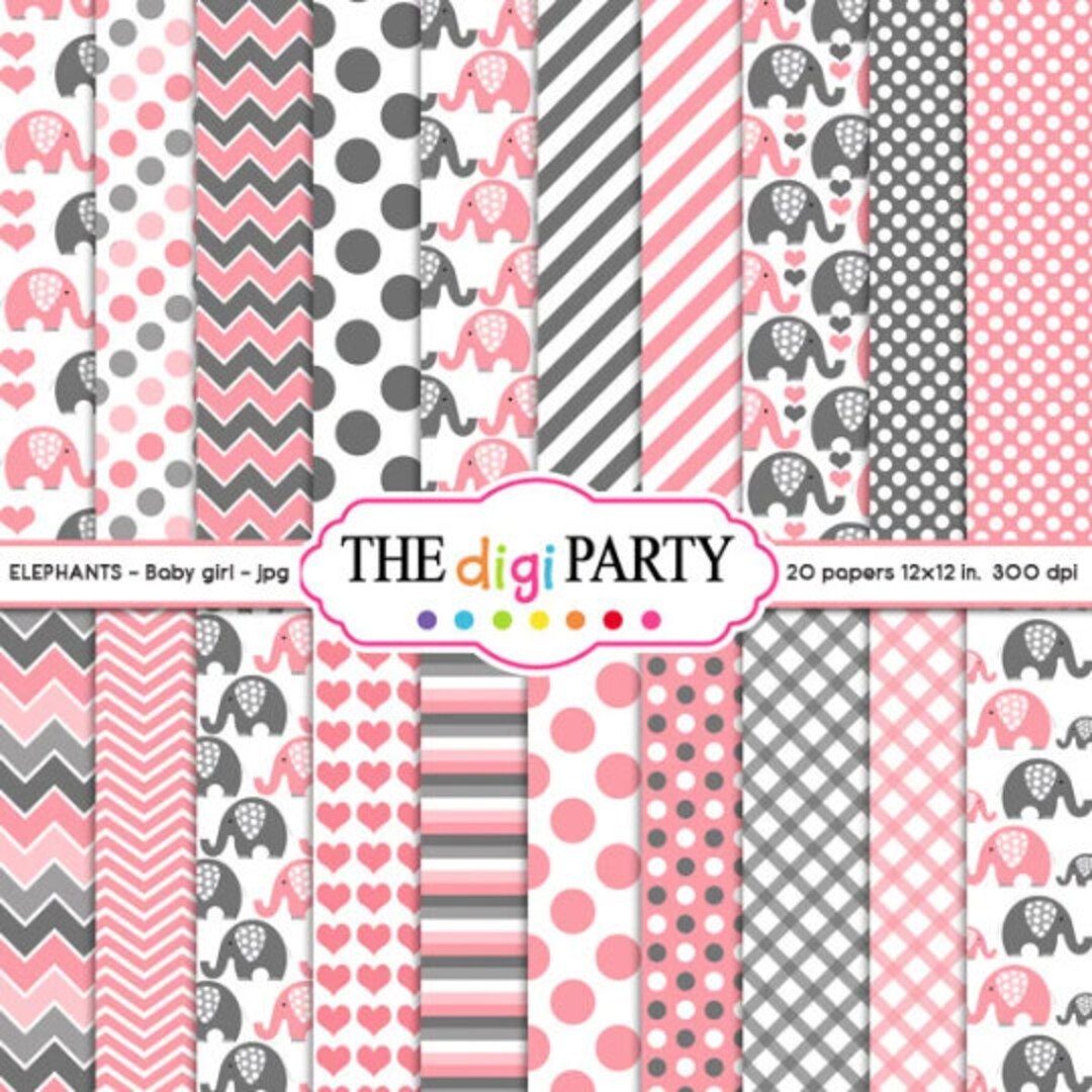 Baby Girl Elephant Digital Papers, Pink and Gray Background, Baby ...