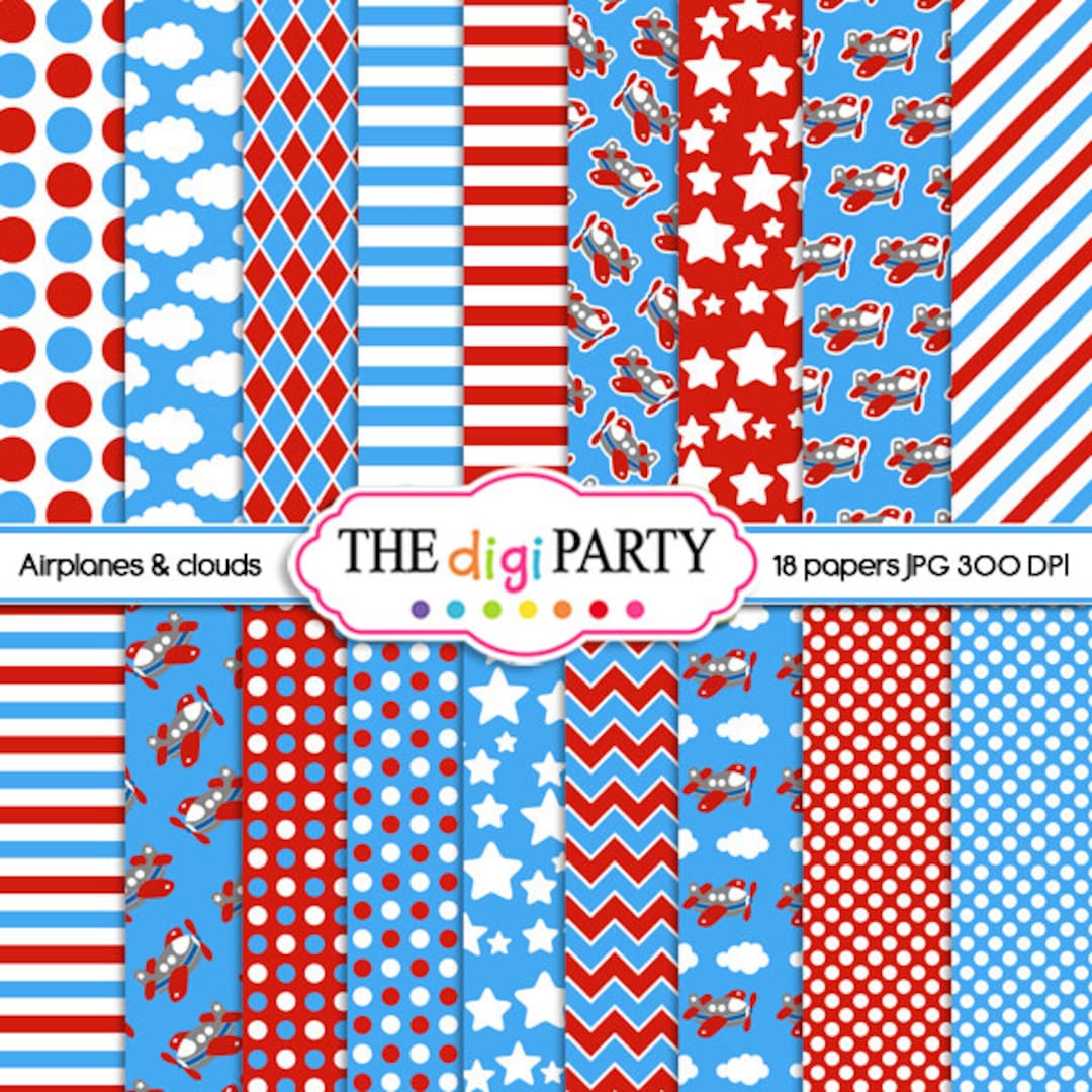 Airplane Digital Paper, Printable Clouds and Stars Theme, Pilot Pattern ...