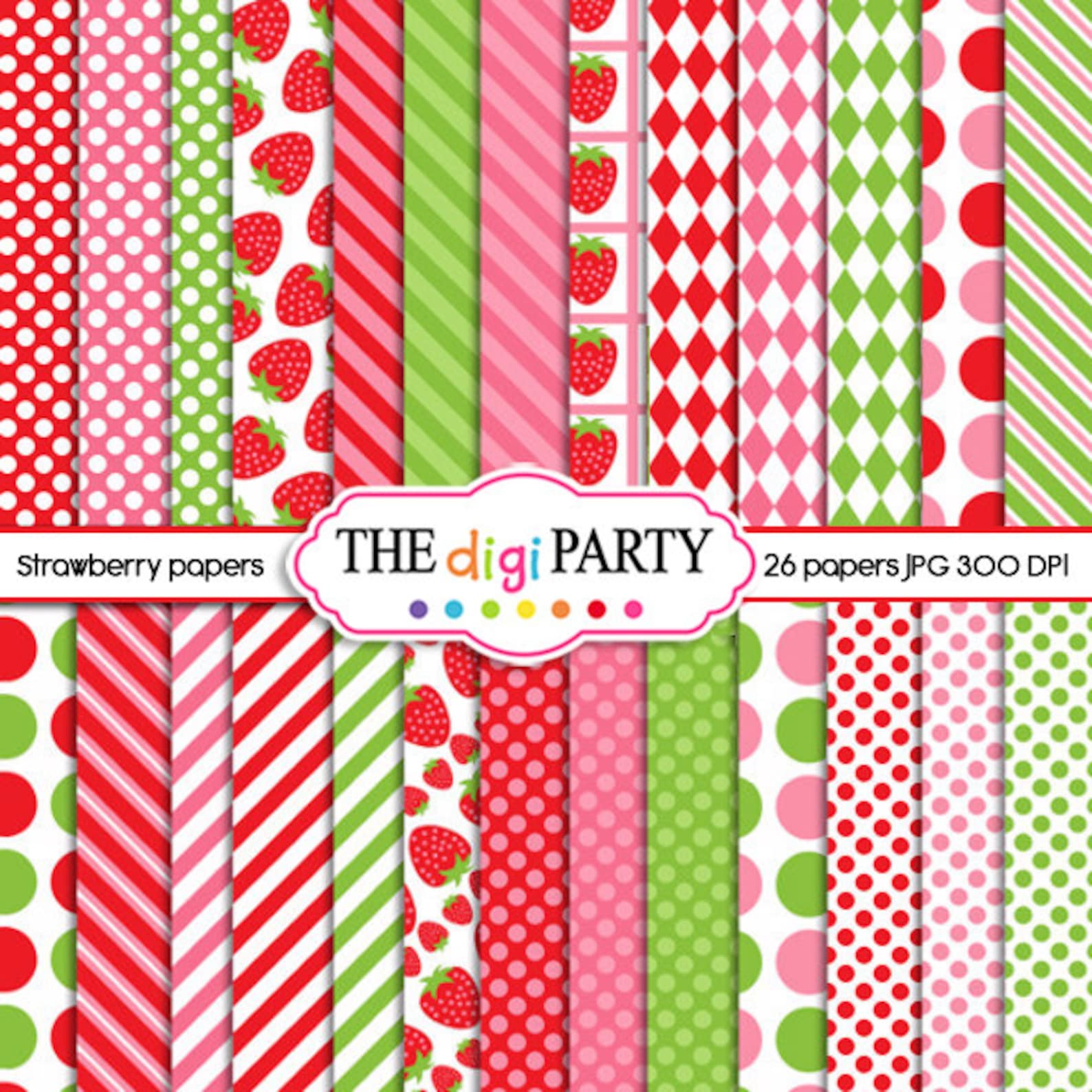 Strawberry Digital Paper for Scrapbook Printable Pattern Red Pink Green ...