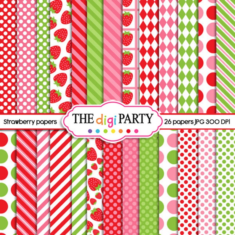 Strawberry Digital Paper for Scrapbook Printable Pattern Red Pink Green ...