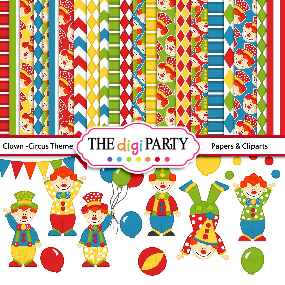 Clown Digital Papers and Cliparts Pack, Circus or Carnival Theme for ...