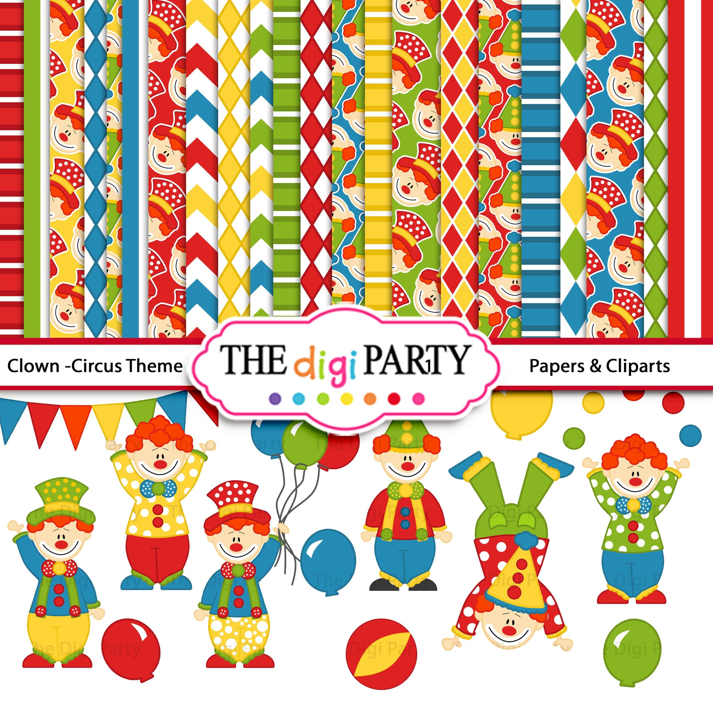 Clown Digital Papers and Cliparts Pack, Circus or Carnival Theme for ...