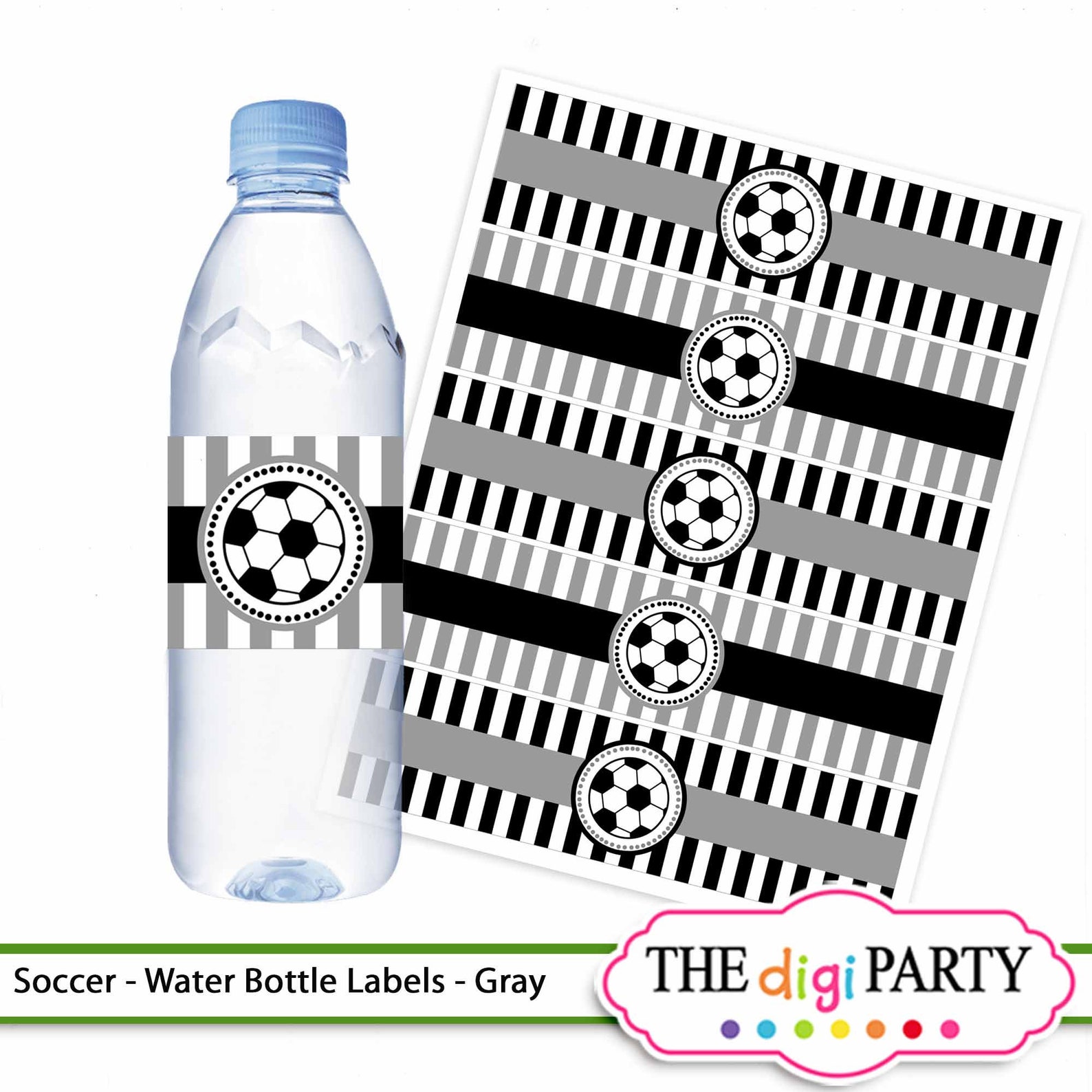 Soccer Bottle Label, Gray and Black Printable Digital Sports Soccer ...