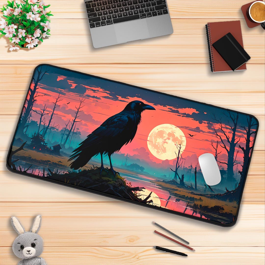 Gothic Crow Gaming Mouse Pad, Blue Orange Landscape Desk Mat, Desktop ...