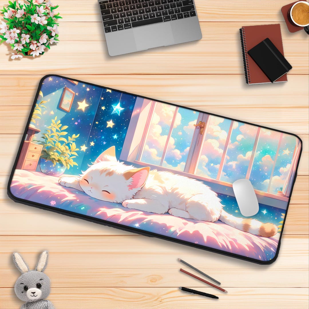 Cute White Cat Gaming Mouse Pad, Kawaii Striped Cat, Desktop ...