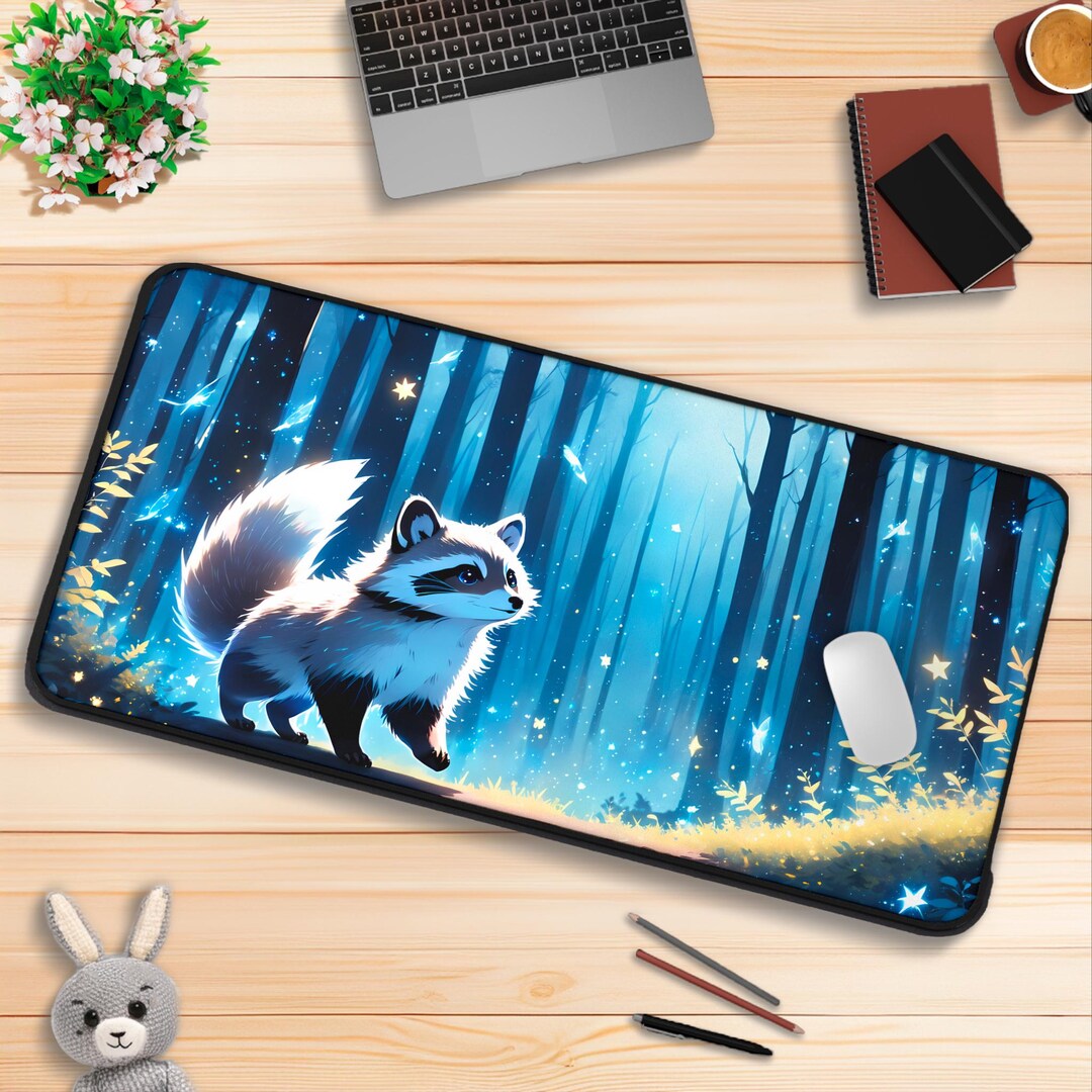 Cute Raccoon Gaming Mouse Pad, Fantasy Forest Aesthetic Large Deskpad ...