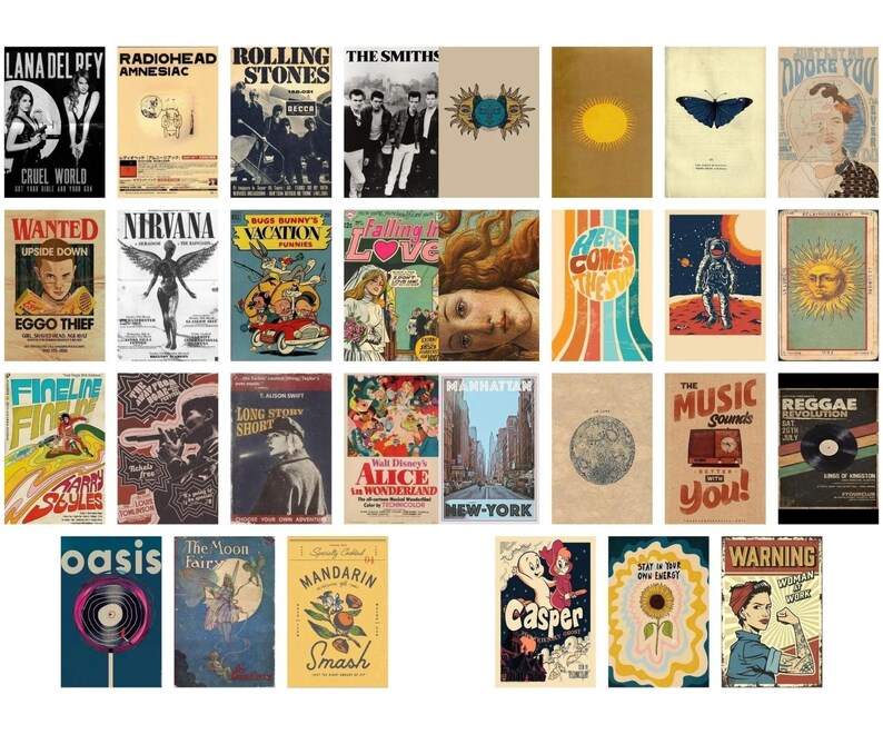 Retro Poster Set 60 Piece Vintage Wall Collage Kit, Room Decor ...