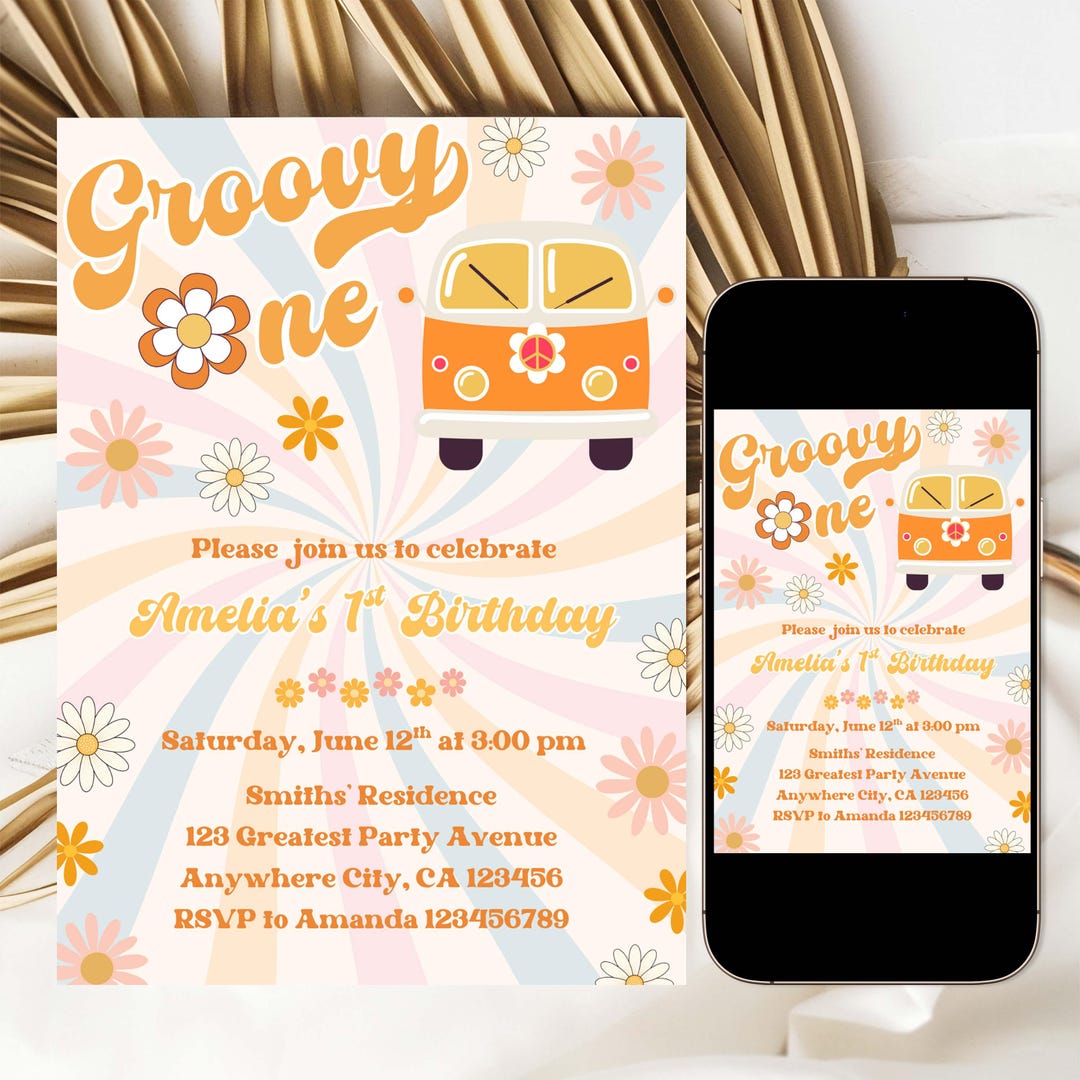 Editable Groovy One Birthday Invitation, Retro Groovy One 1st Birthday ...